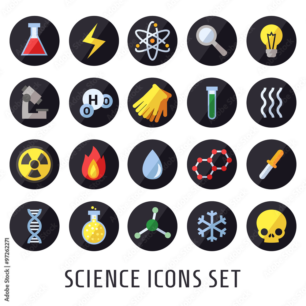 Science vector icons. Chemistry, Physics and Biology. Modern flat ...