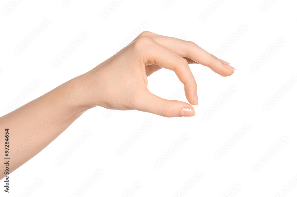 Beauty and Health theme: beautiful elegant female hand show gesture on an isolated white ...