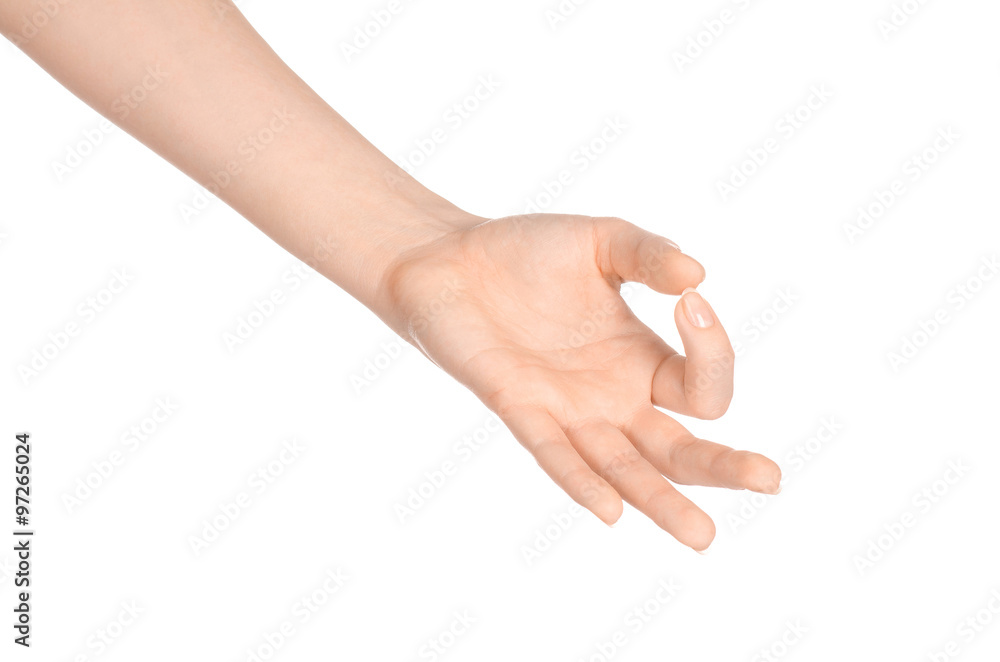 Beauty and Health theme: beautiful elegant female hand show gesture on an isolated white ...