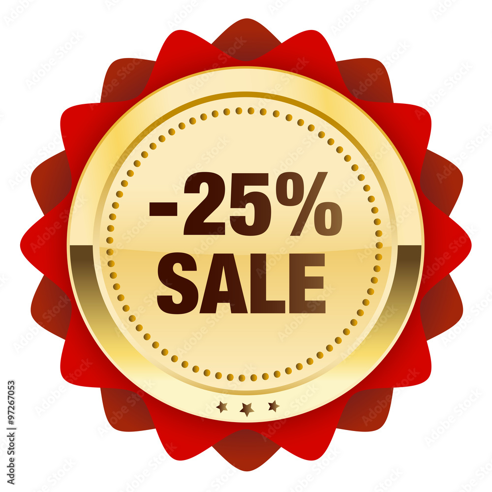 25% sale seal or icon. Glossy golden seal or button with stars and red ...