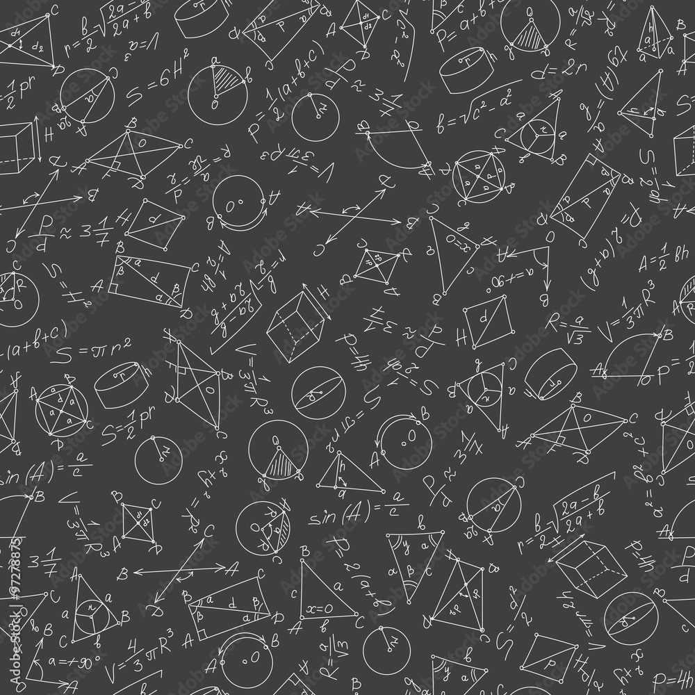 Seamless pattern on the theme of learning and geometry white on a dark ...