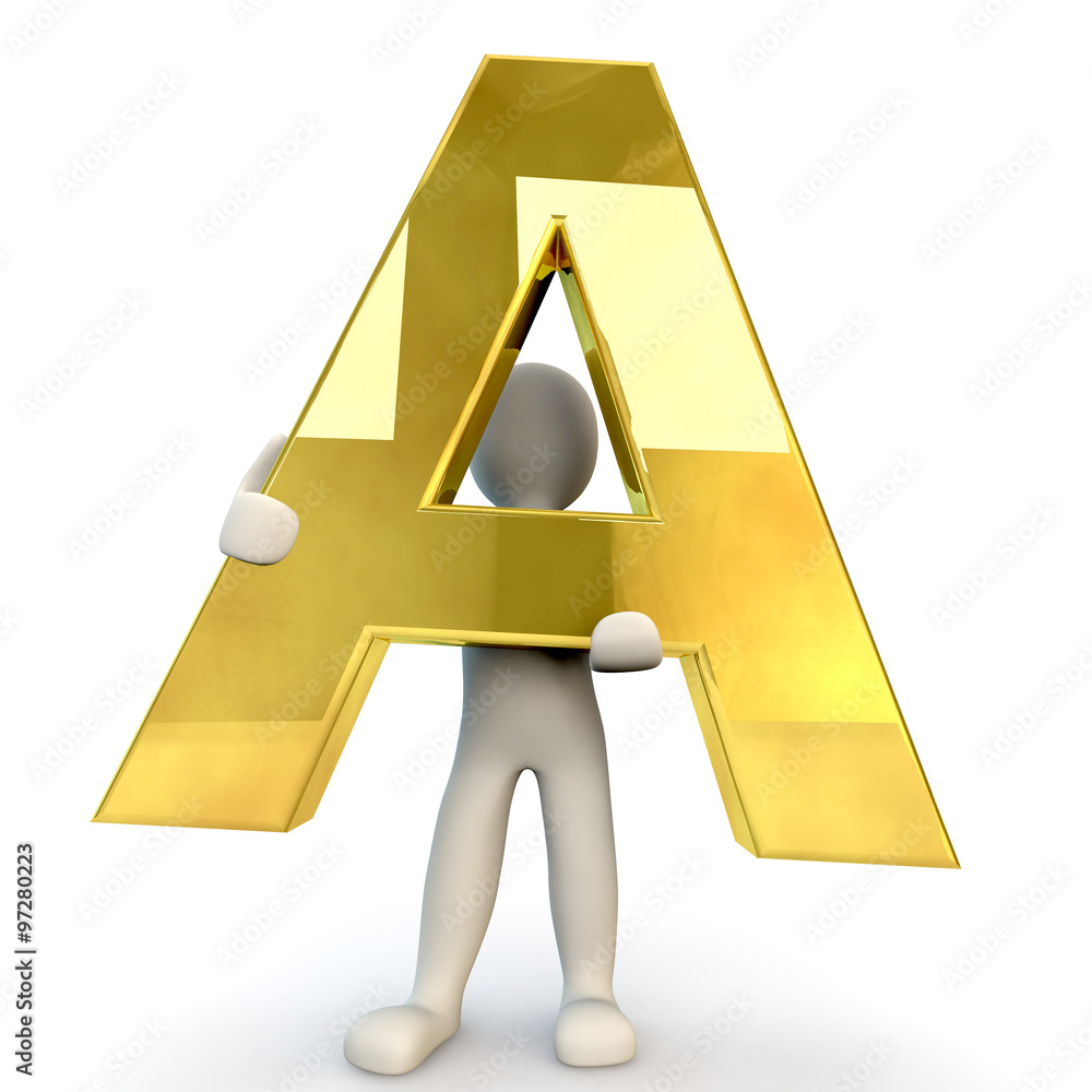 3D Human character holding golden alphabet letter A Stock Illustration ...