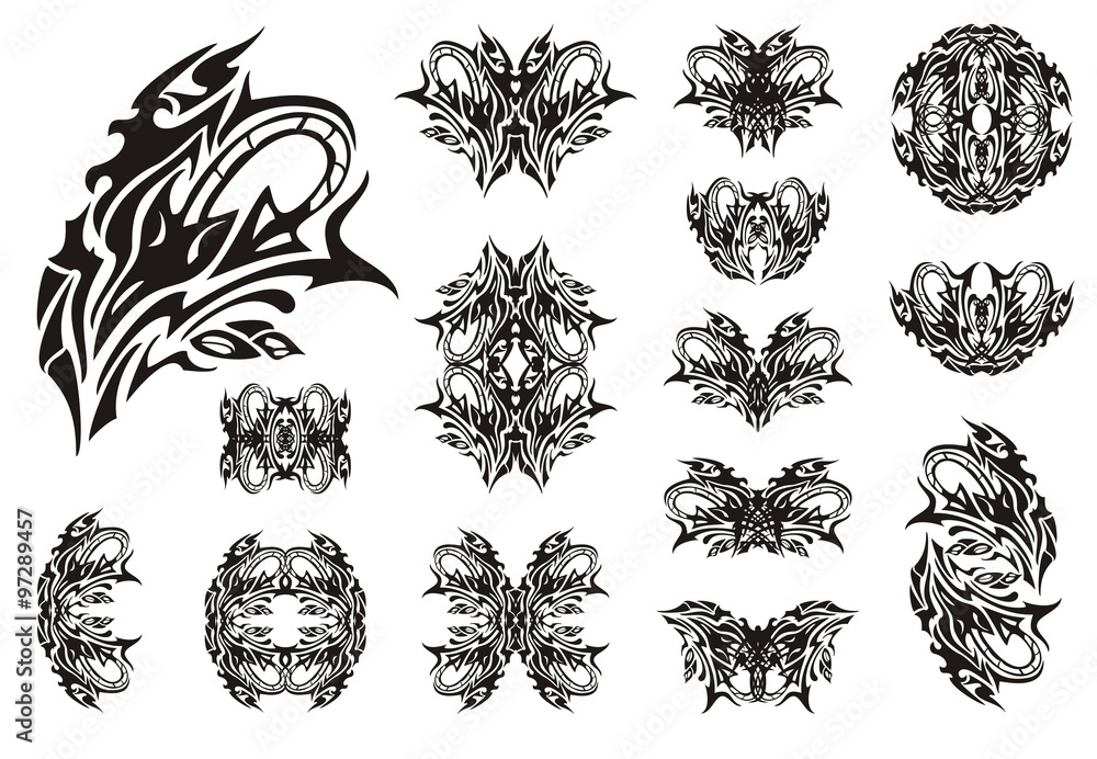 Decorative snake symbols. Set of snake symbols, butterflies and frames ...