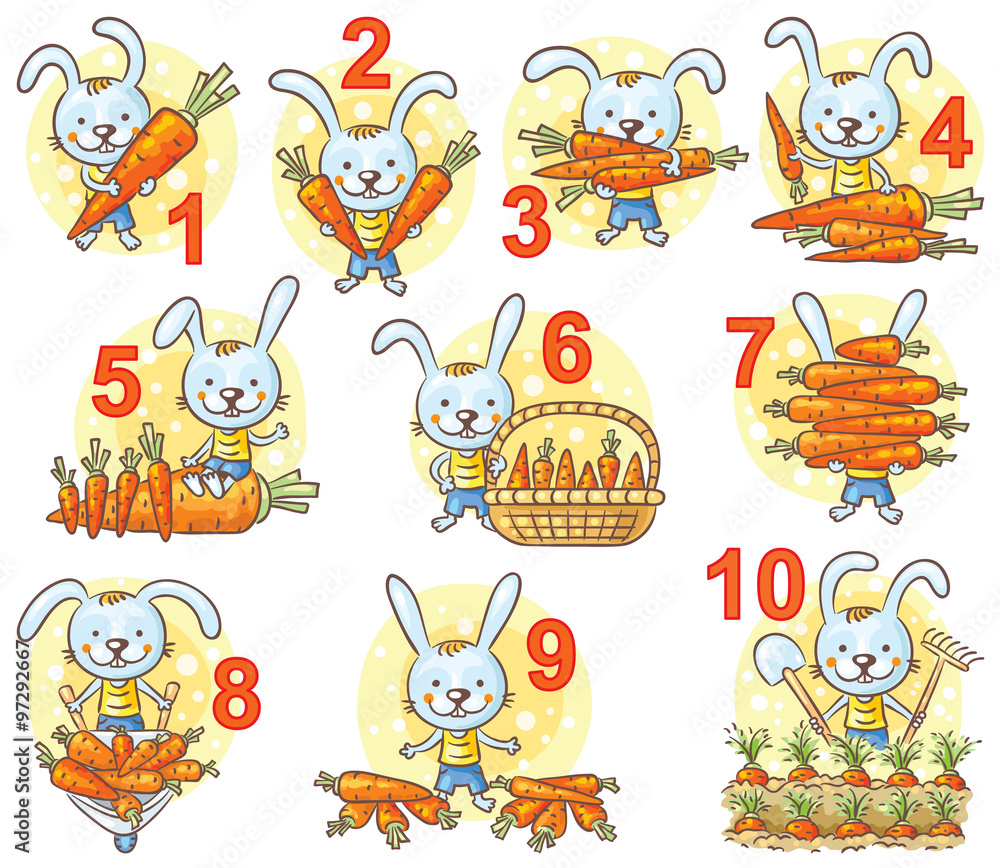Numbers in pictures set, rabbit and his carrots Stock Vector | Adobe Stock