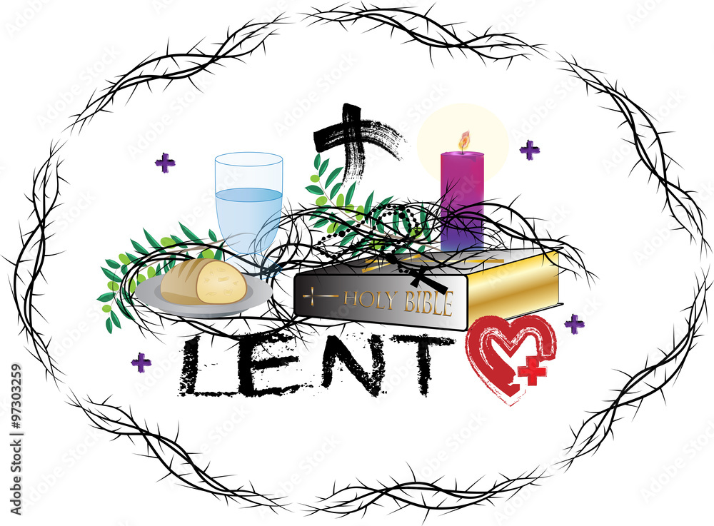 Symbols of the season of Lent, prayer, fasting and charity with the crown of thorns Stock Vector ...