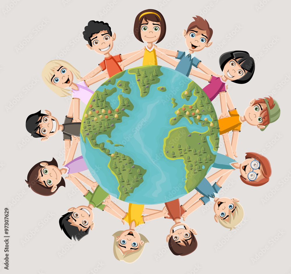 Cute happy cartoon kids around earth planet Stock Vector | Adobe Stock