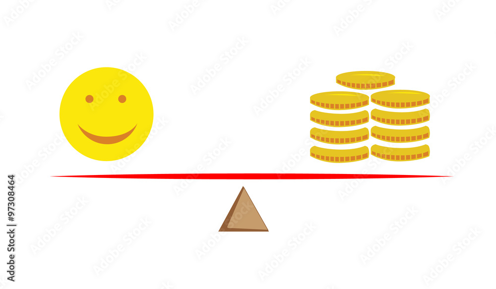 Flat vector image of a smiley face and coins balanced equally on a ...