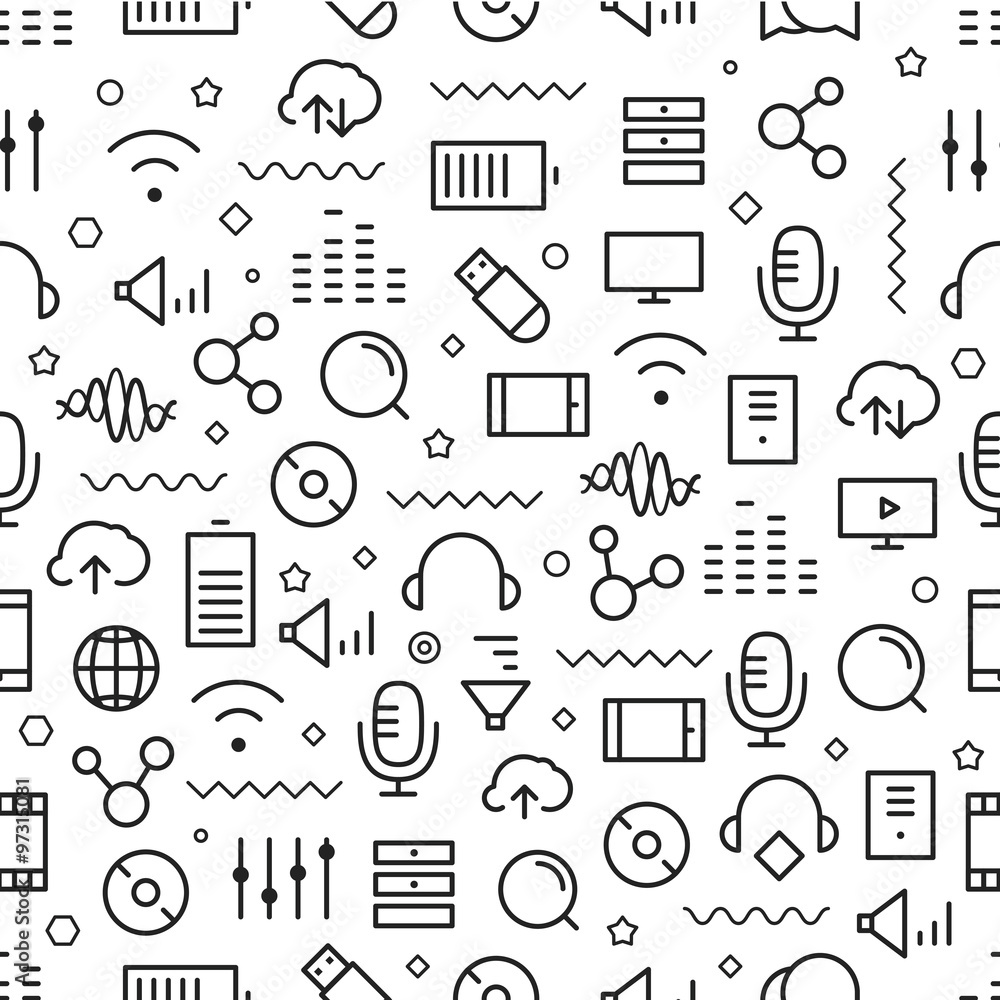 Different line style icons seamless pattern. Media Stock Vector | Adobe ...