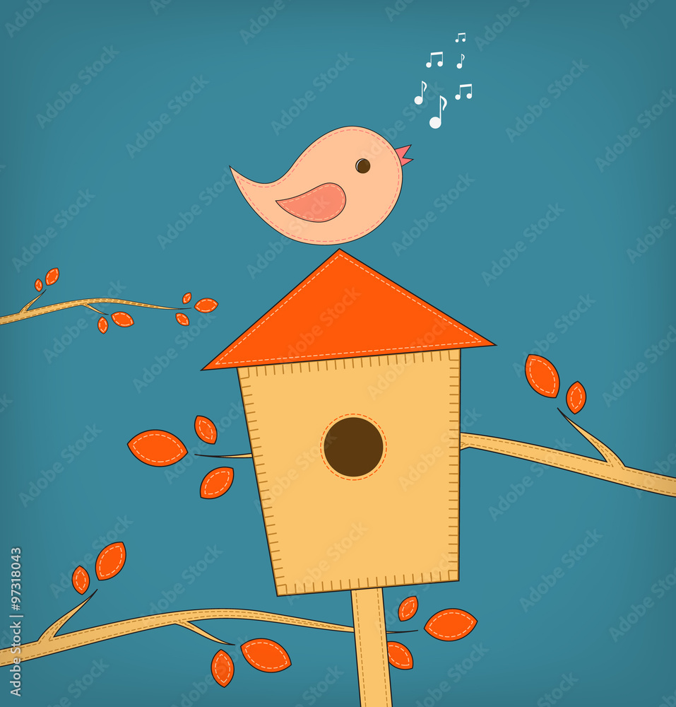 Simple card illustration of funny cartoon bird on bird house Stock ...