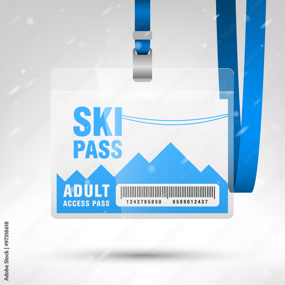 Ski pass vector illustration. Blank ski pass template with barcode in ...