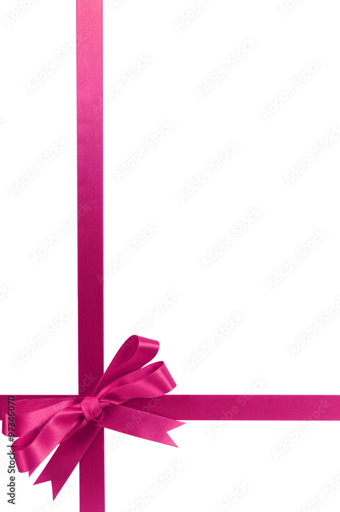 Bright pink gift ribbon bow vertical lower corner border frame isolated ...