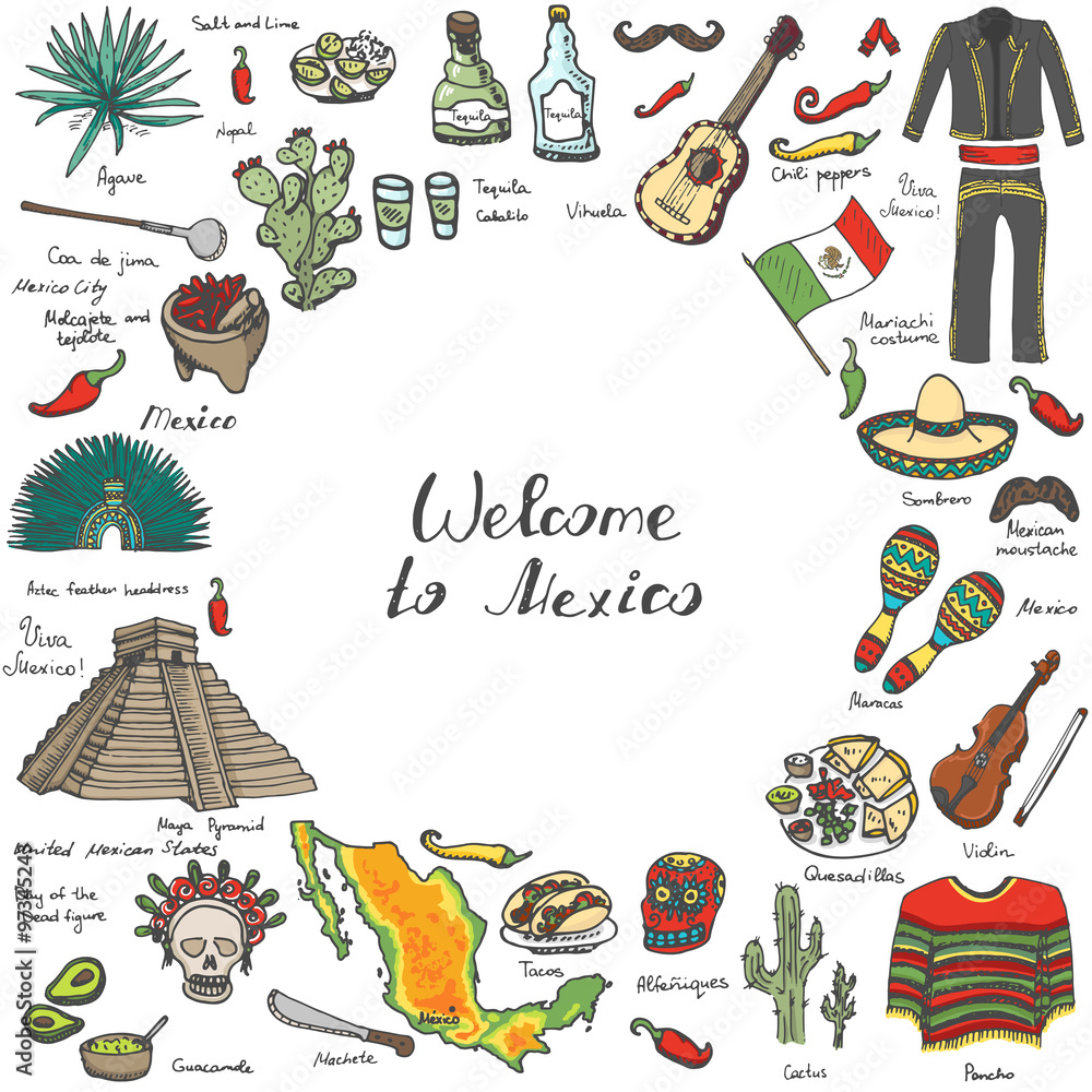 Hand drawn doodle Mexico set Vector illustration Sketchy mexican food ...