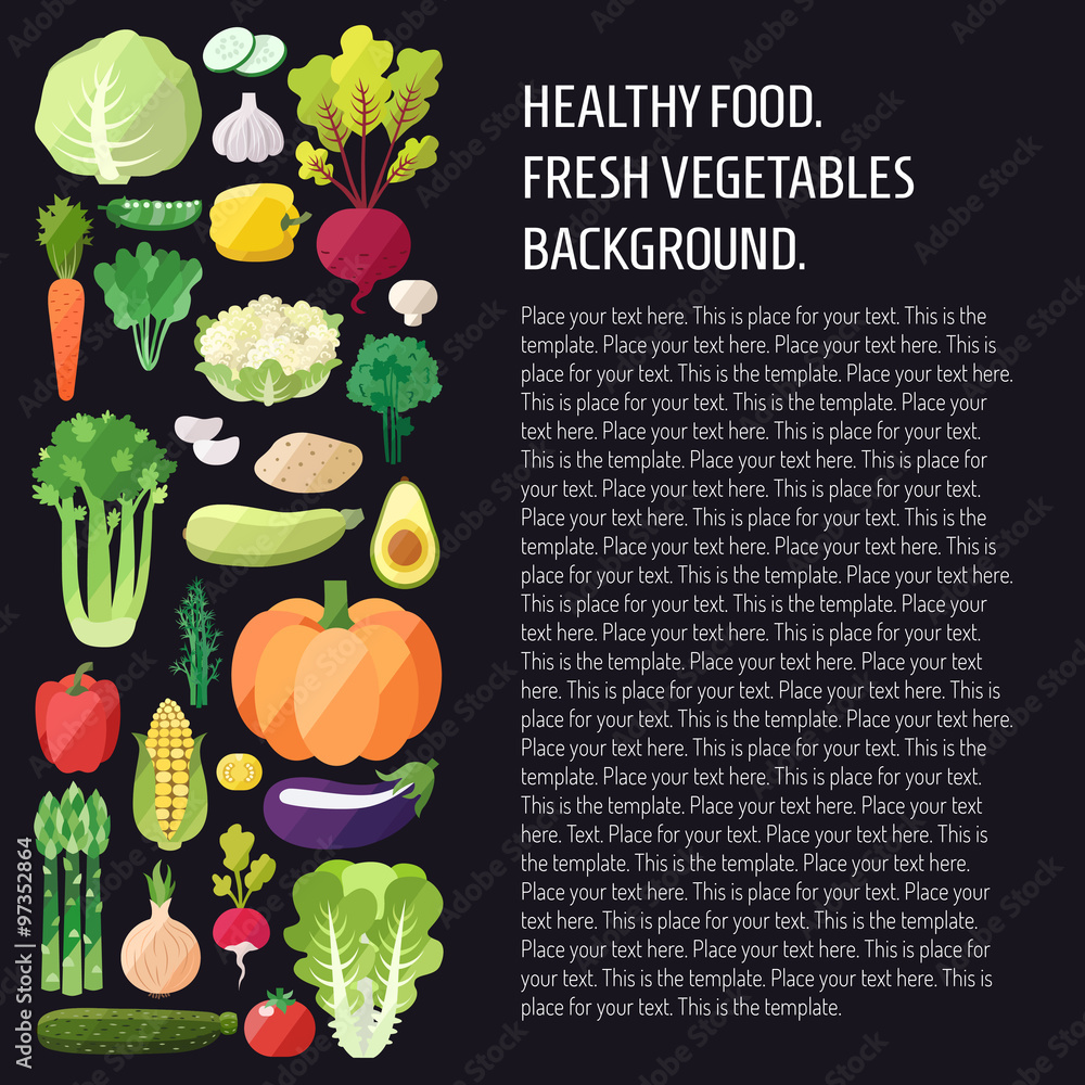 Vegetable vector background. Modern flat design. Healthy food background with place for your ...