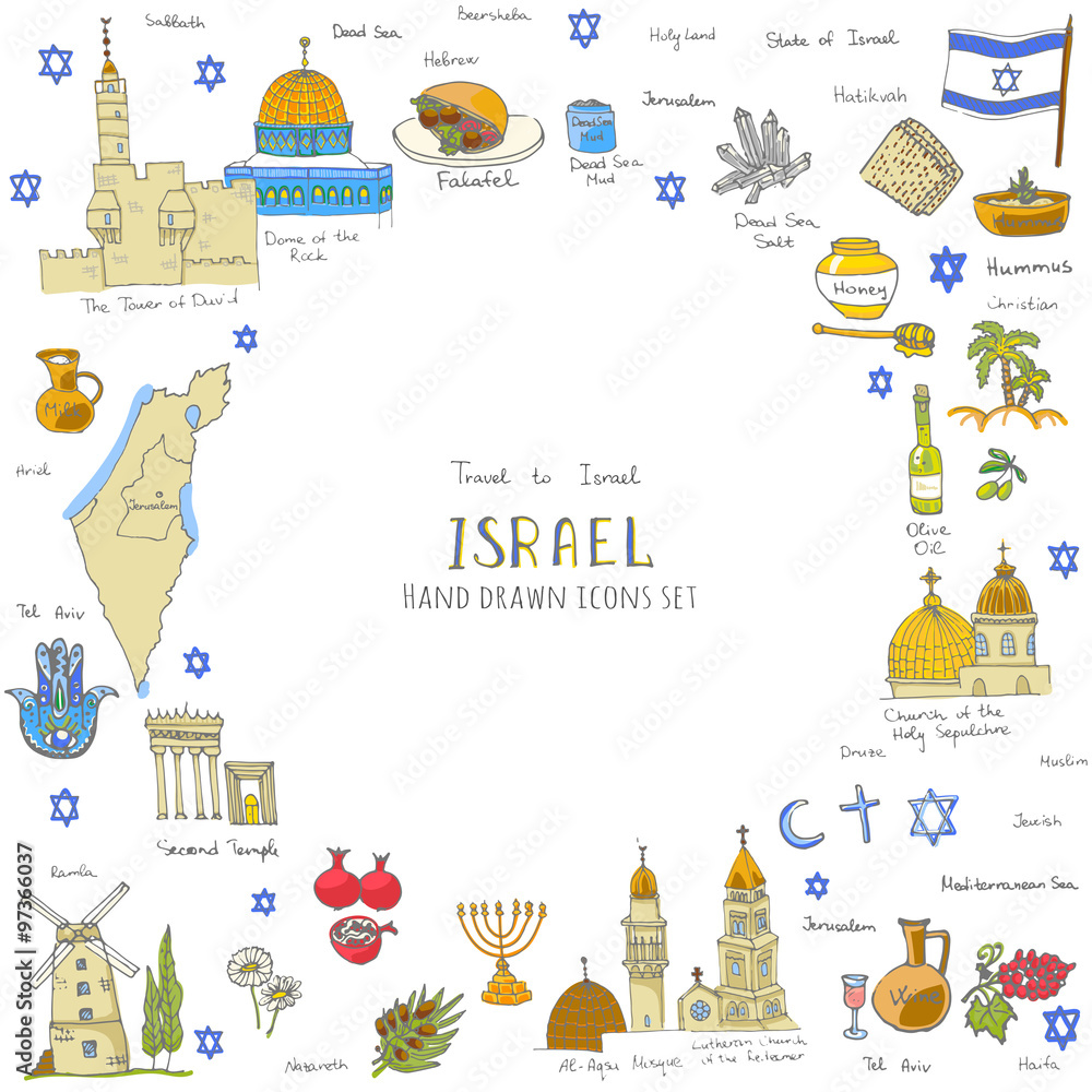 Set of hand drawn Israel icons, Jewish sketch illustration, doodle ...