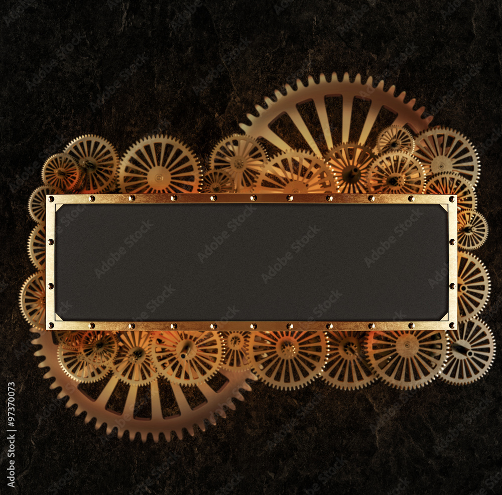 Stylized golden mechanical steampunk gear collage. Made of metal frame ...