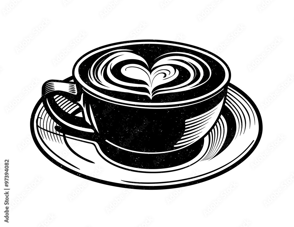 Cup of Hot Coffee Latte with Heart Swirl Black and White Cartoon Vector ...