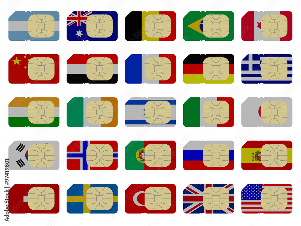 2D SIM cards represented as flags of different countries Stock ...