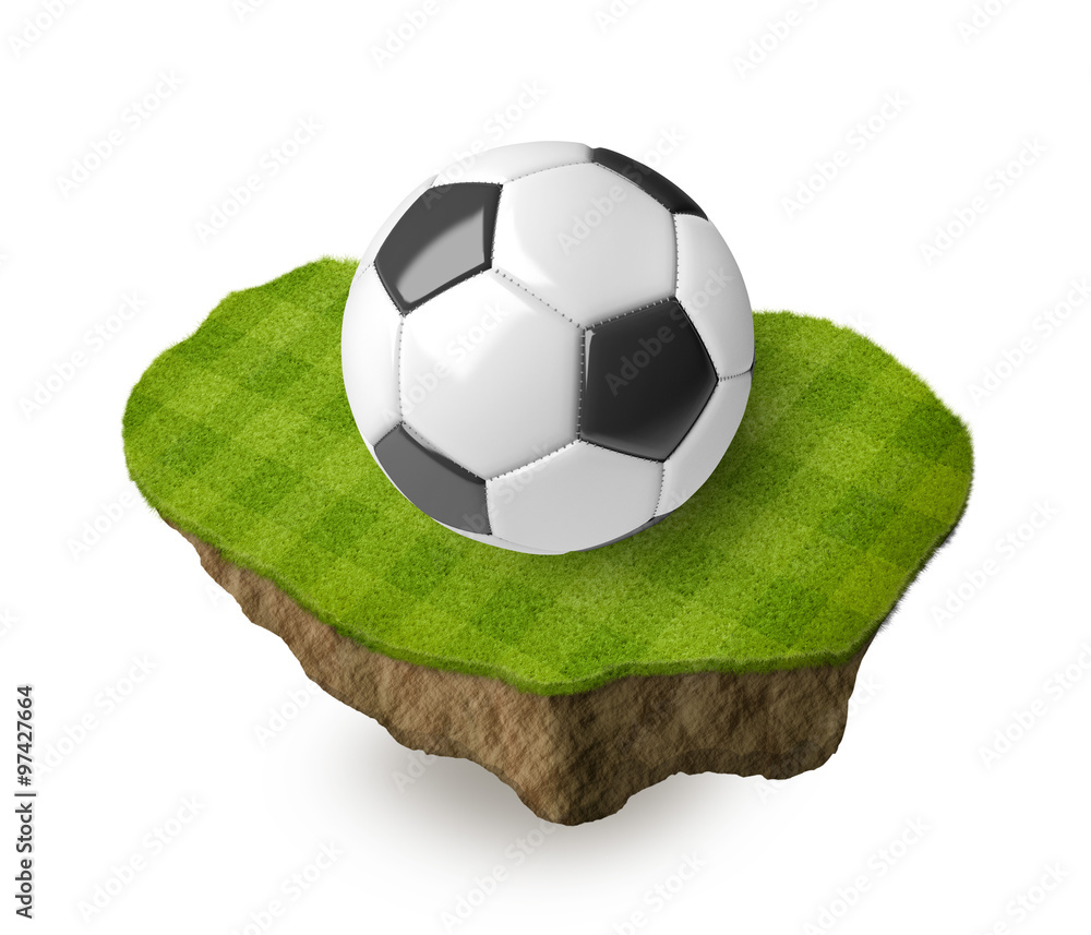 3d realistic classic soccer ball on a piece of rock with stripped green ...