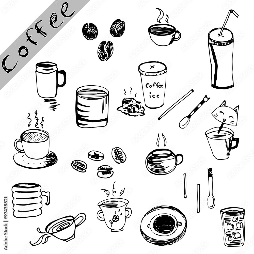 coffee drawing vector set,coffee illustration on white background Stock ...
