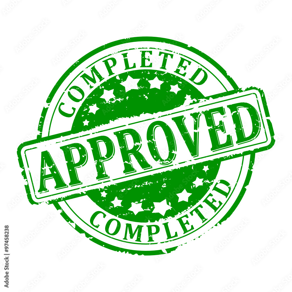 Scratched green round stamp with the inscription - Approved, completed ...