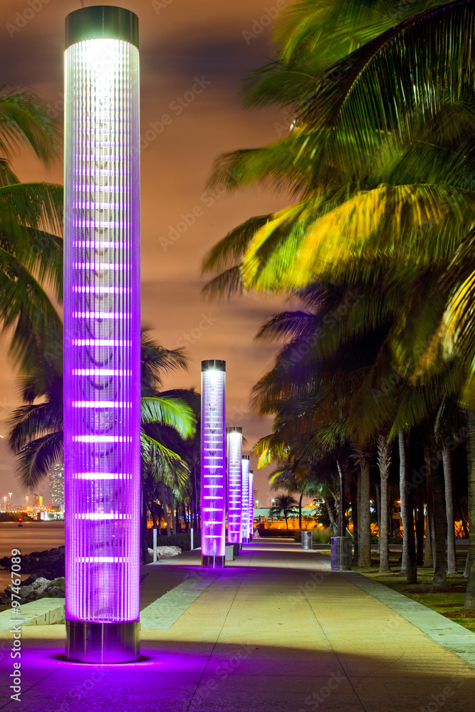 Miami BEach Florida at night, South Pointe park colorful lights and ...