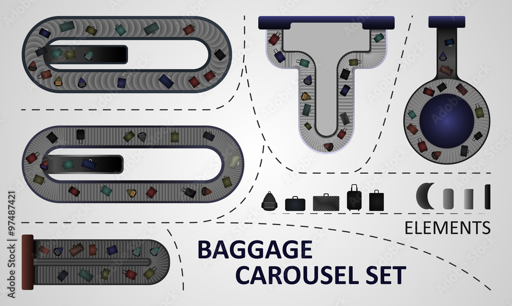 Five different types of baggage carousel constructions. Illustration ...