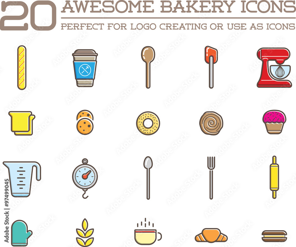 Set of Vector Bakery Pastry Elements and Bread Icons Illustration can ...