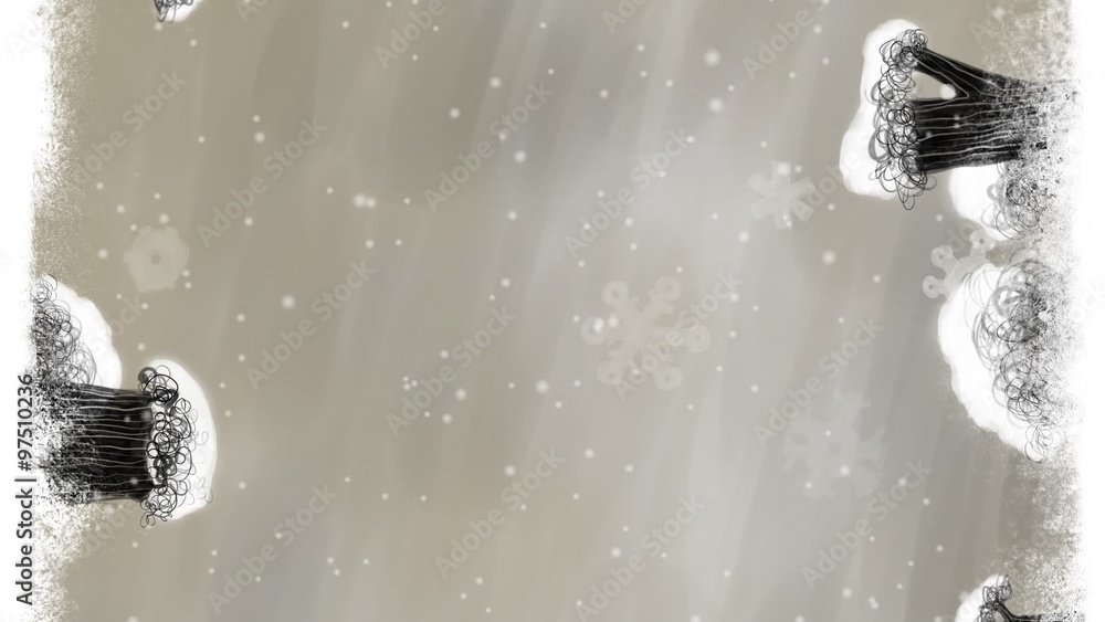 Animated art titles sepia background with trees, bushes, falling snow ...