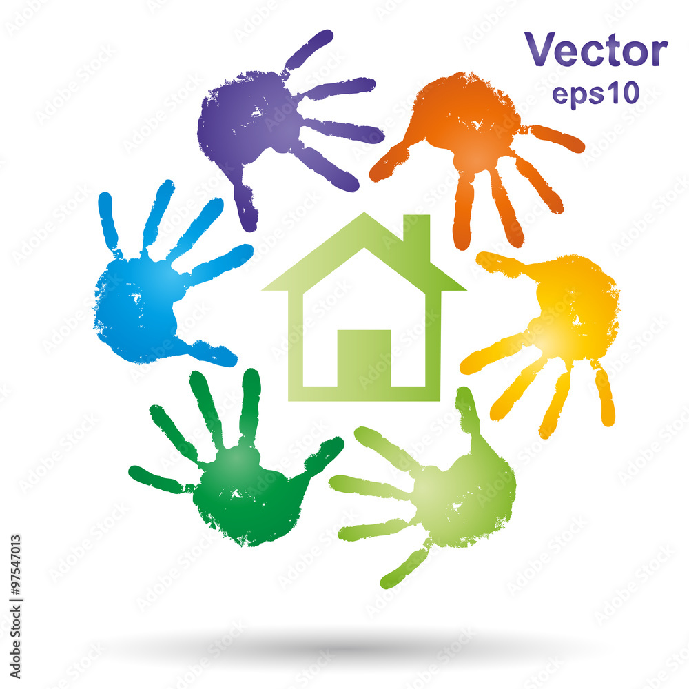 Vector conceptual children painted hand print and house symbol Stock ...