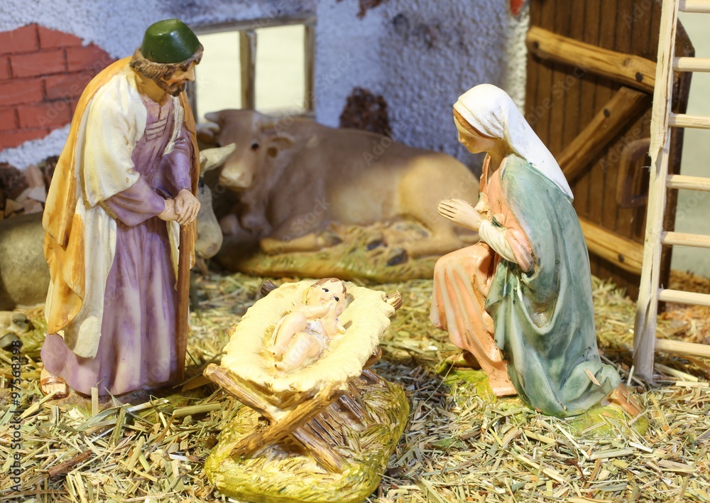 nativity scene with baby Jesus Mary and Joseph in the manger Stock ...