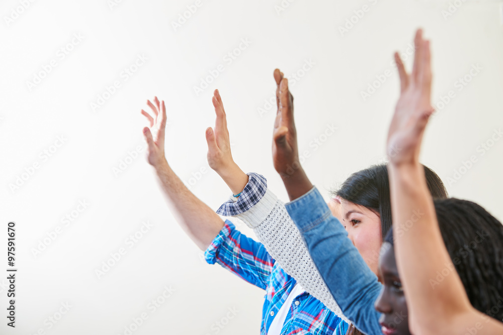 Schüler heben Hände im Unterricht Stock Photo | Adobe Stock