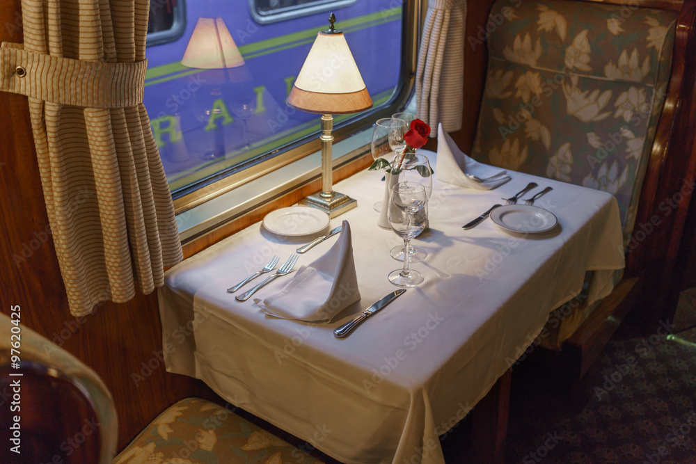 Dining table in first class train car, Machu Picchu, Cusco Region ...