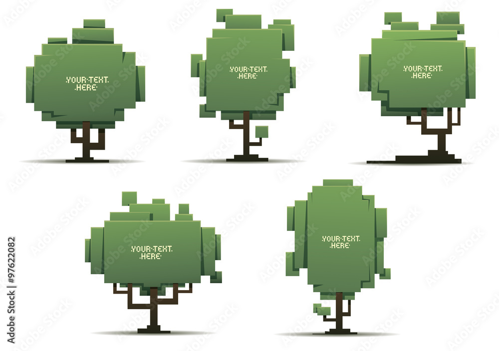 Vector Nature Pixel banners set. Cartoon image of five green banners in ...
