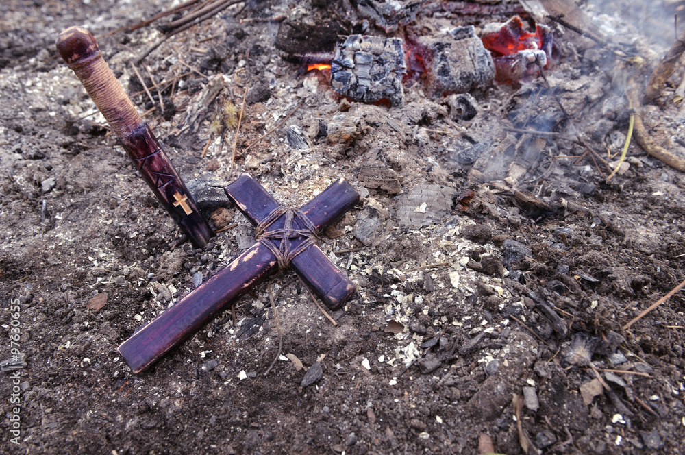 Wooden cross and stake in fire horizontal Stock Photo | Adobe Stock