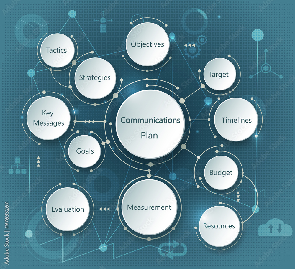 Communication Plan in structure of abstract molecules, 3D paper label ...