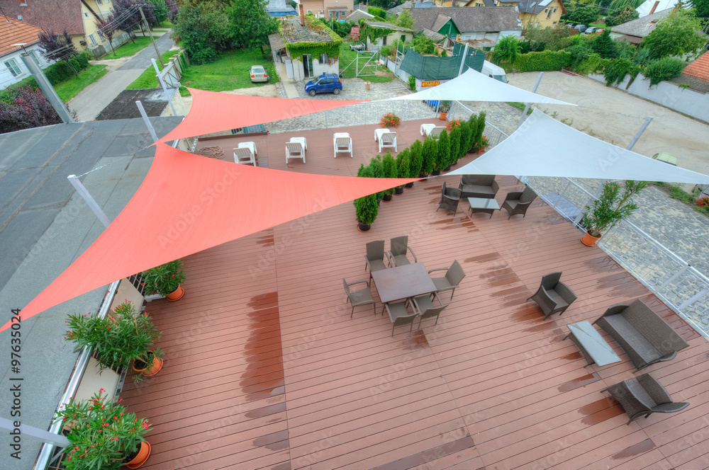 Terrace in summer with shade sails Stock Photo | Adobe Stock