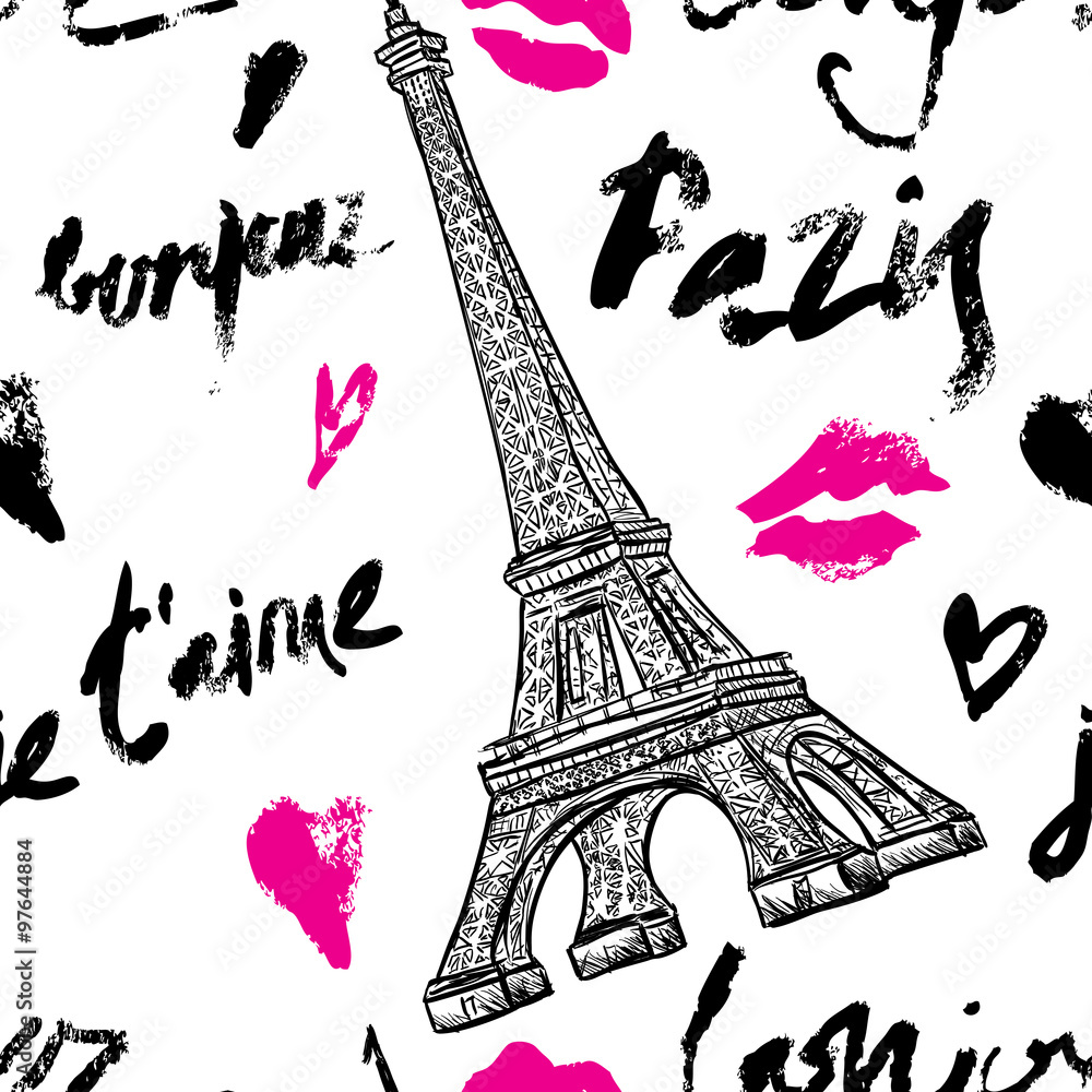 Paris. Vintage seamless pattern with Eiffel Tower and hand drawn ...
