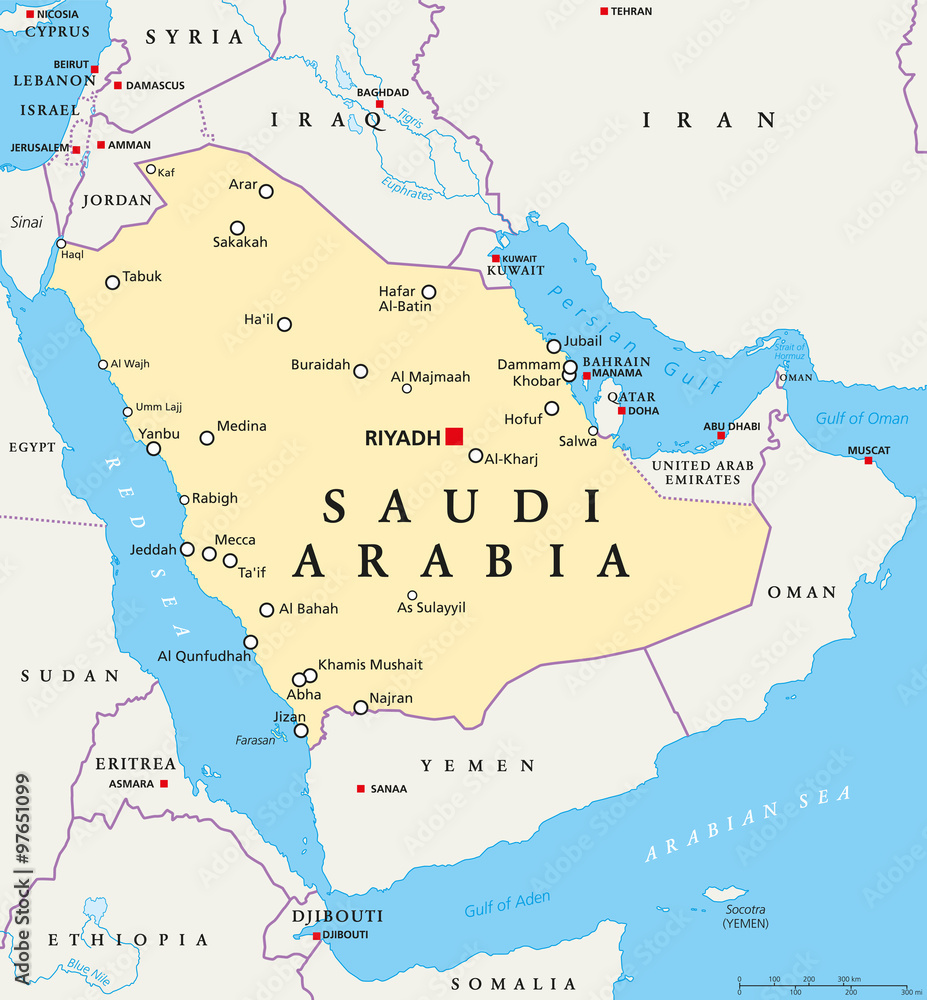 Plakat Saudi Arabia political map with capital Riyadh, national borders ...