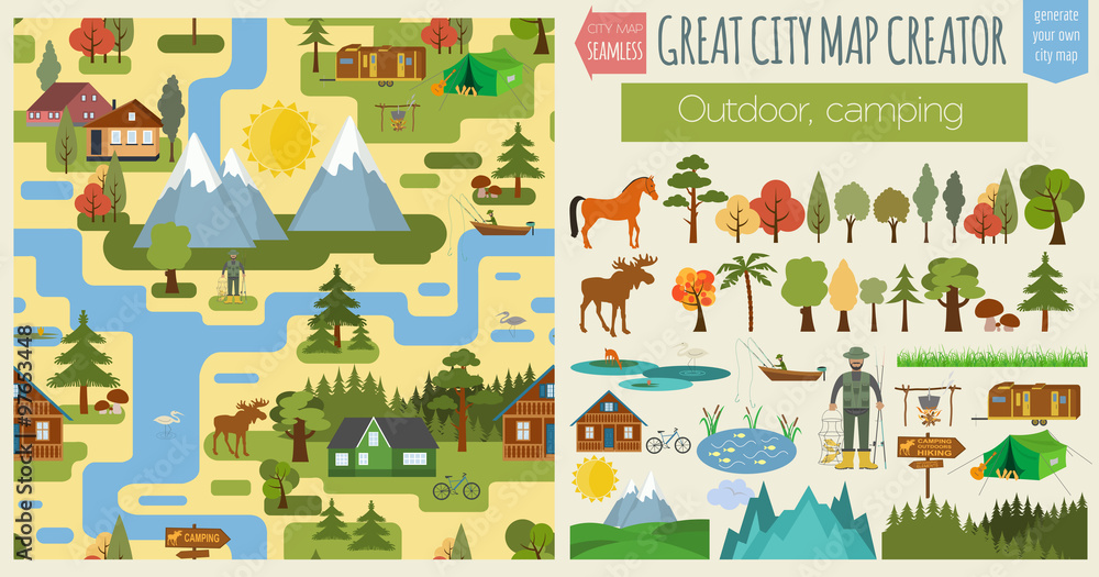 Great city map creator.Seamless pattern map. Camping, outdoor, c Stock ...