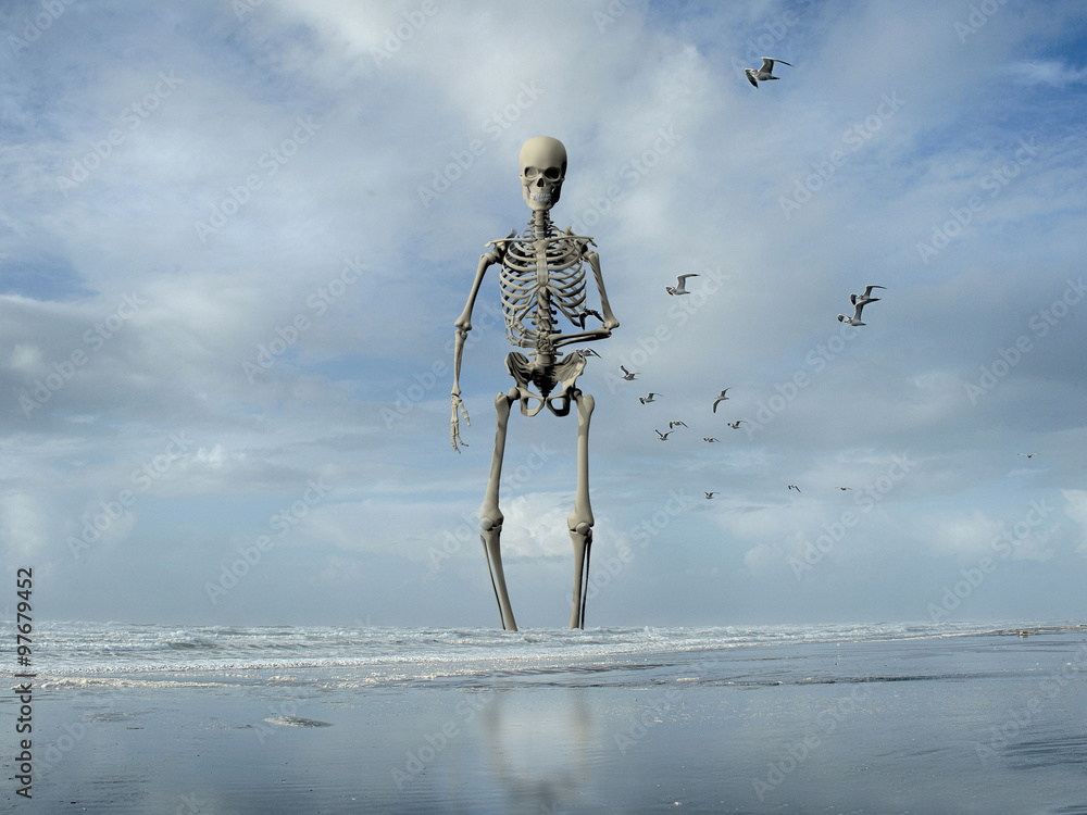 a rendered illustration of a skeleton monster emerging from the ocean ...