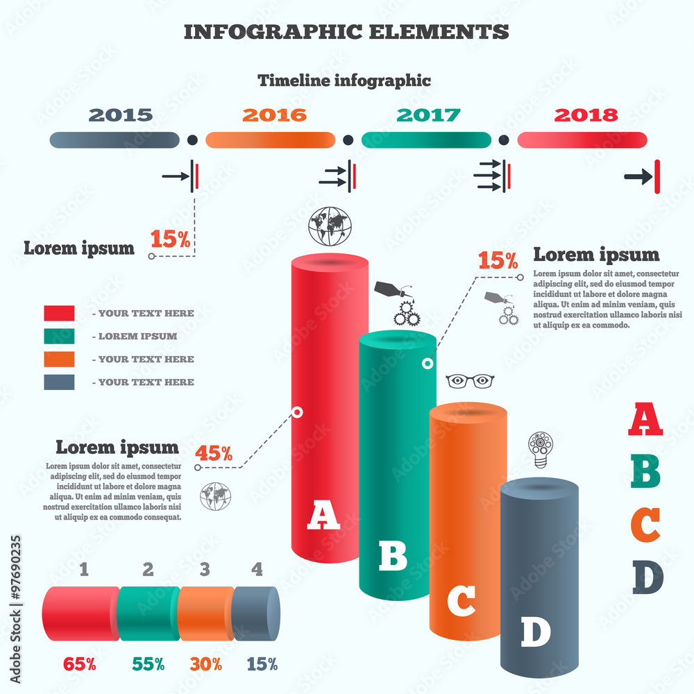 Infographics elements. Columns chart with icons and shadow. Business ...
