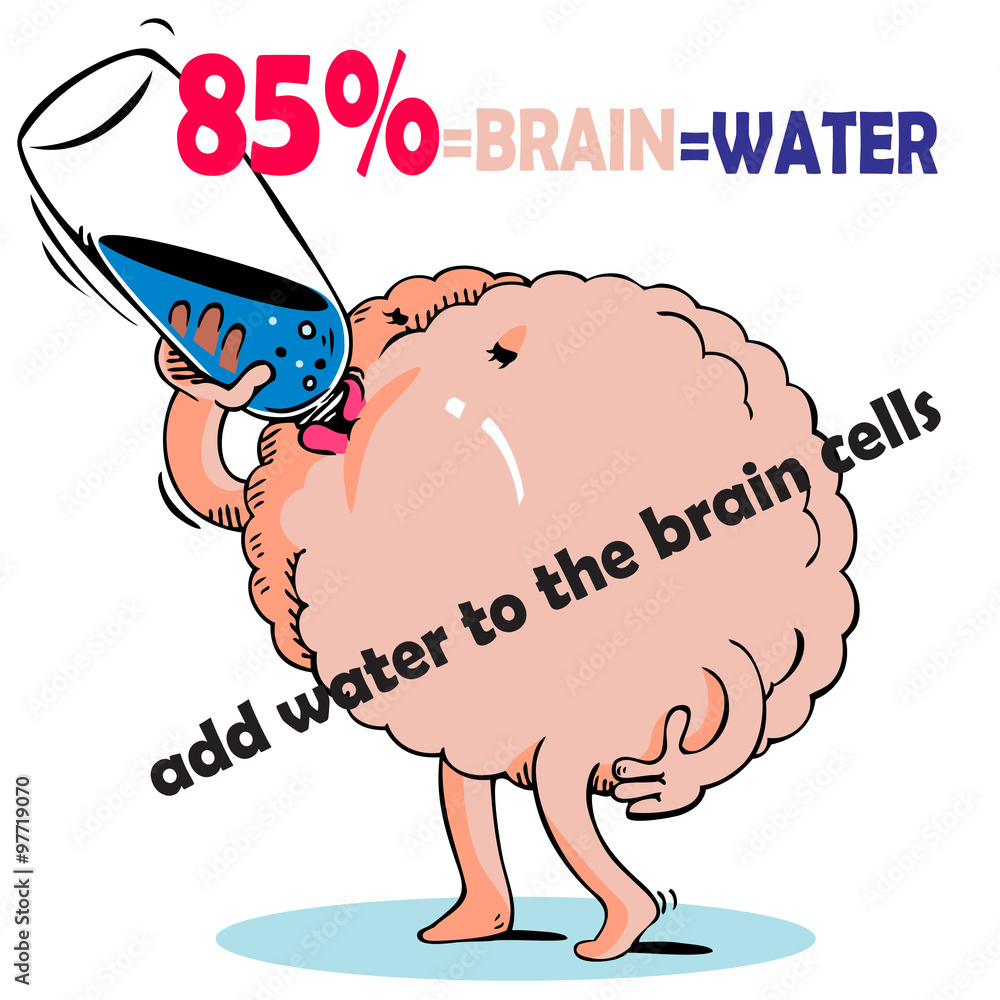 Water and brain cells Vector hand drawn cartoon brain stood drinking ...
