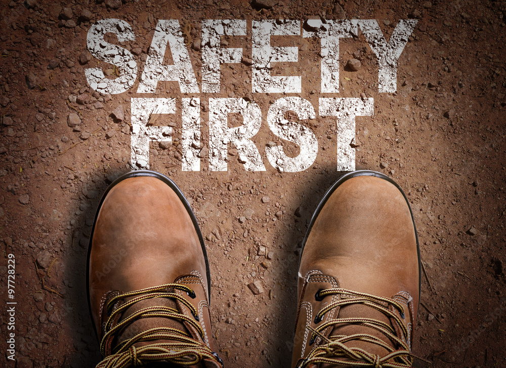 Top View of Boot on the trail with the text: Safety First Stock Photo ...