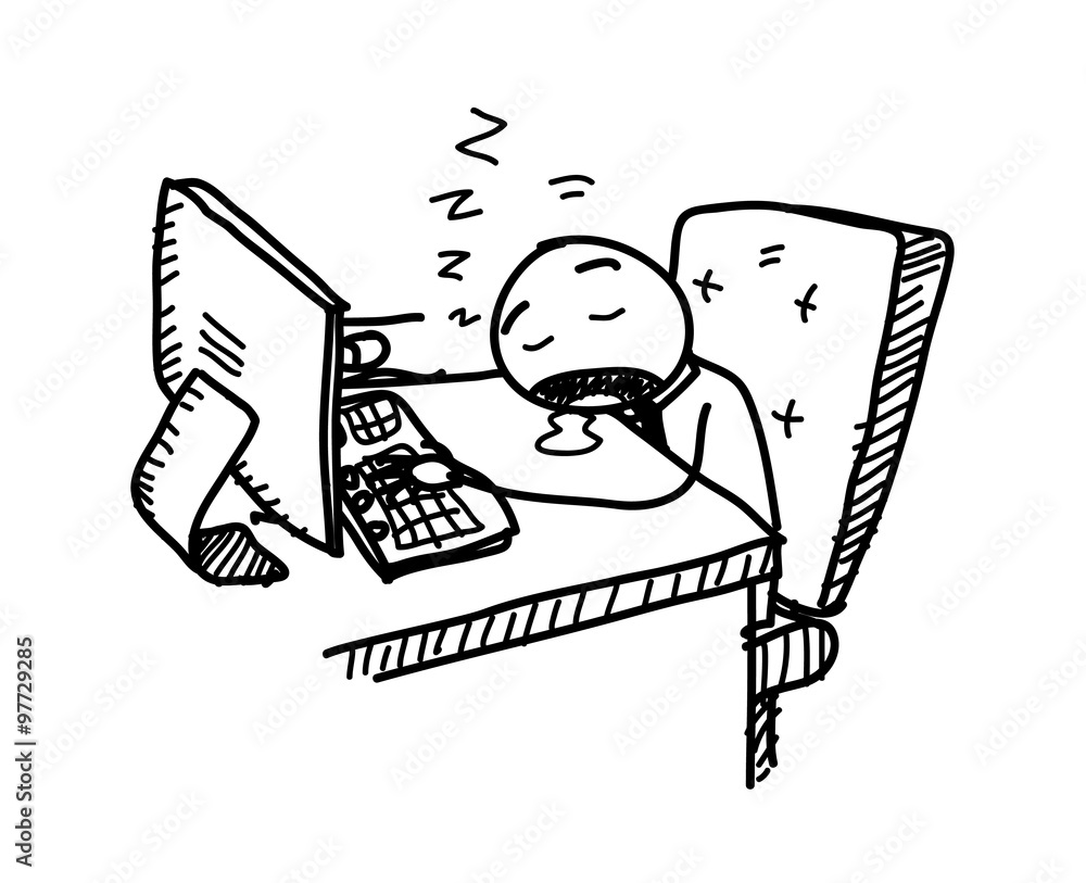 Sleeping At Work, a hand drawn vector doodle illustration of a stick ...
