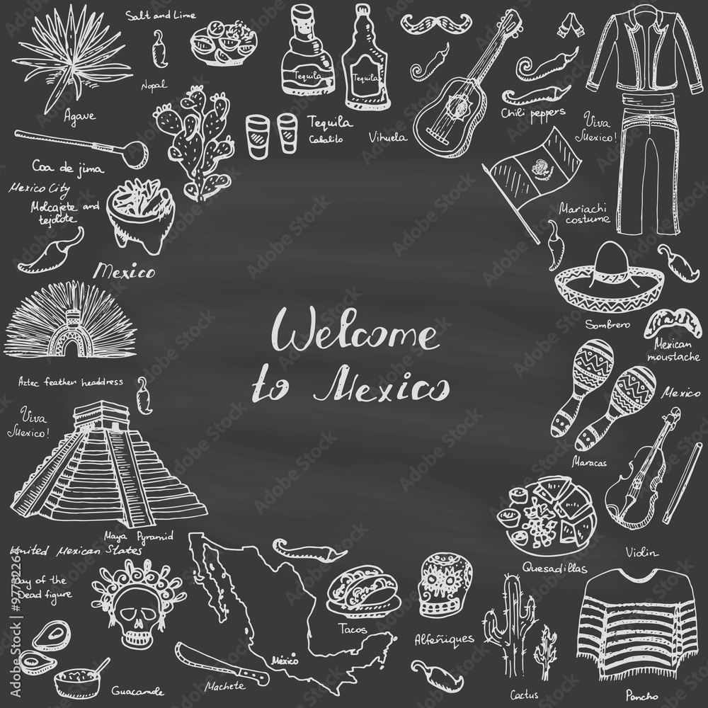 Hand drawn doodle Mexico set Vector illustration Sketchy mexican food ...