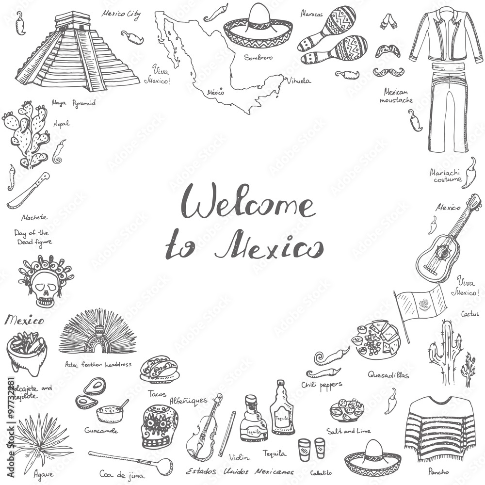 Hand drawn doodle Mexico set Vector illustration Sketchy mexican food ...