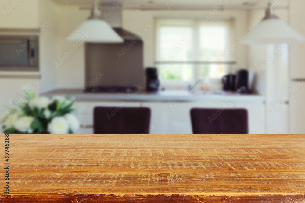 Interior background with empty kitchen table Stock Photo | Adobe Stock