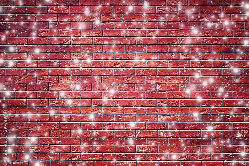 Wall from a red brick with flakes of the falling snow, texture. Stock ...