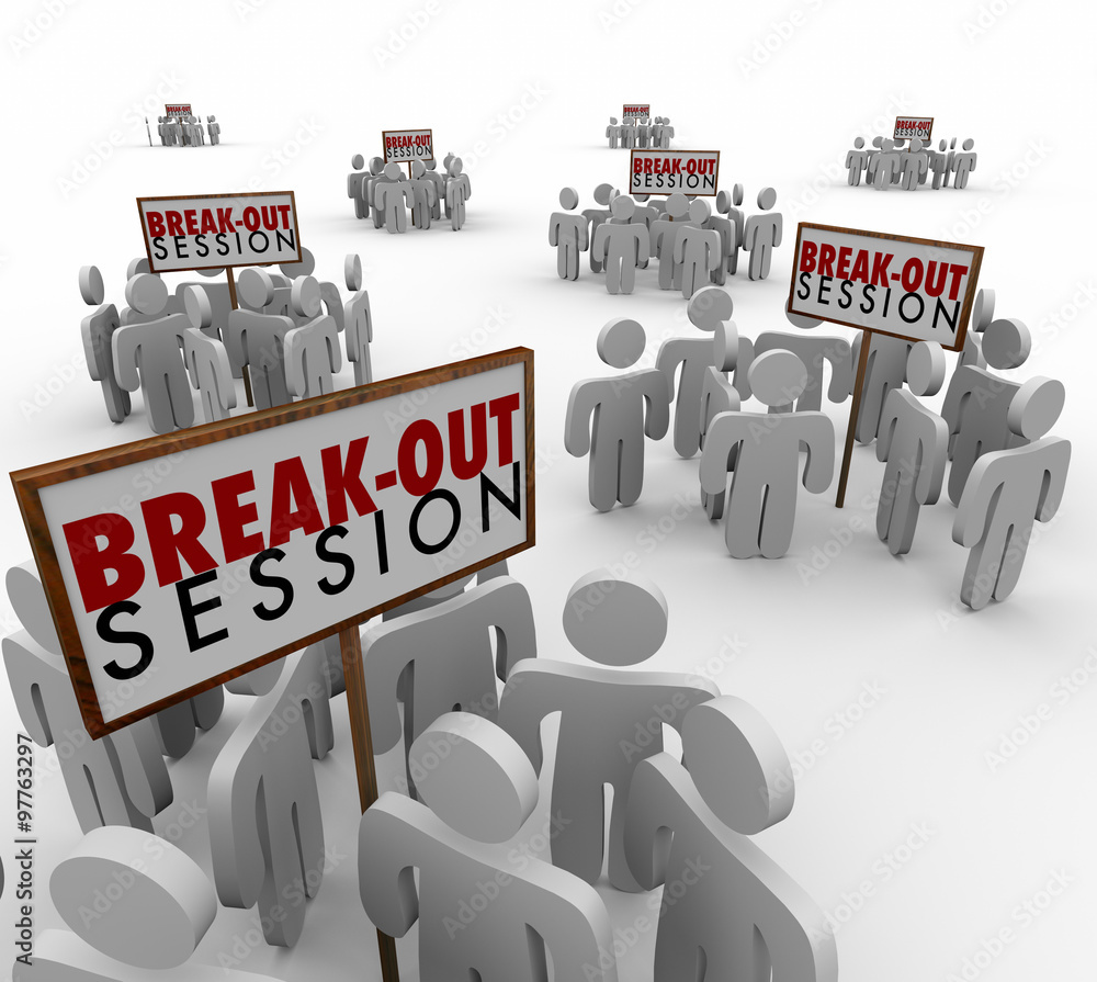 Break Out Sessions People Around Signs Small Group Meetings Stock-Illustration | Adobe Stock