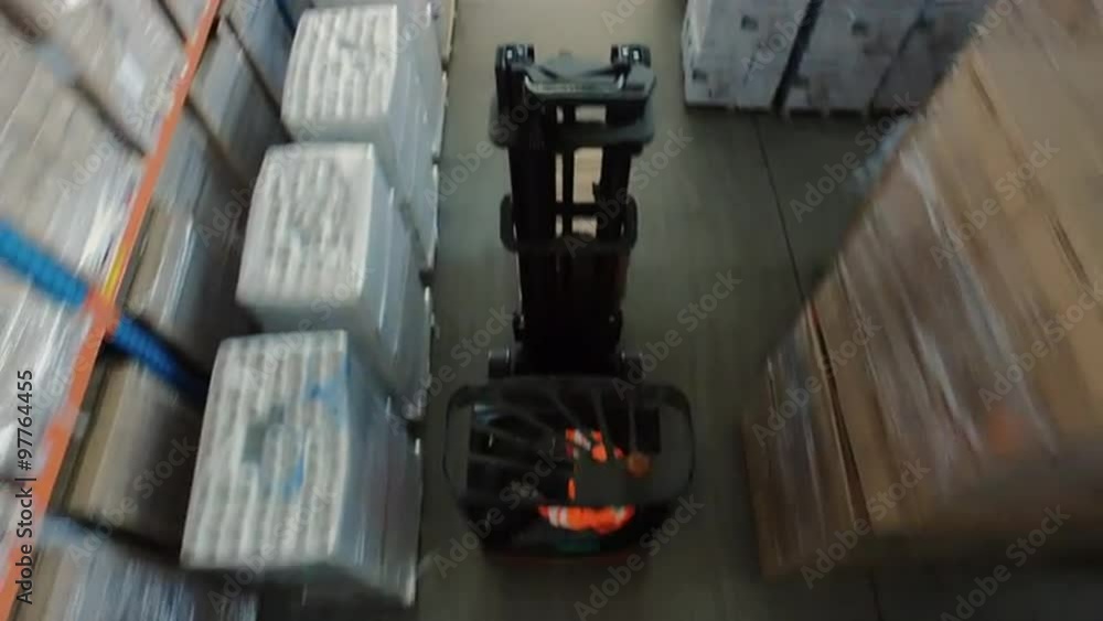 Aerial Overhead Shot of Working Forklift Loader inside Logistic ...